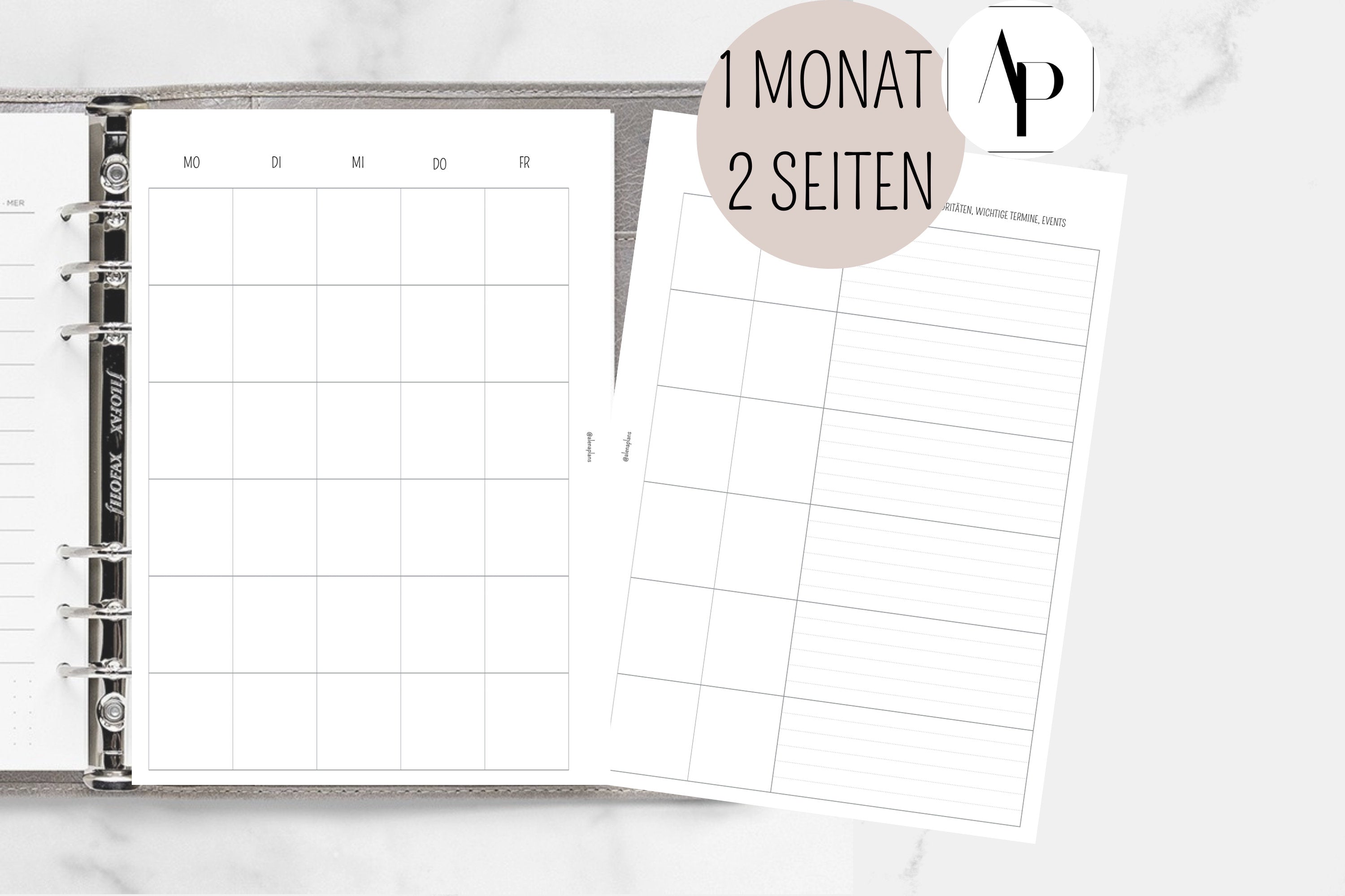 Kalender Einlage - 1 Monat auf 2 Seiten I undatiert, ungelocht - Month ...